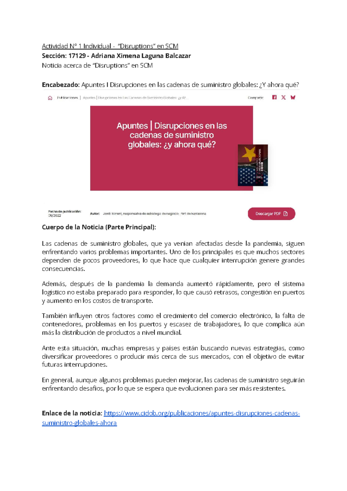 Actividad 1 Individual - Disruptions en SCM: Retos y Estrategias - Studocu
