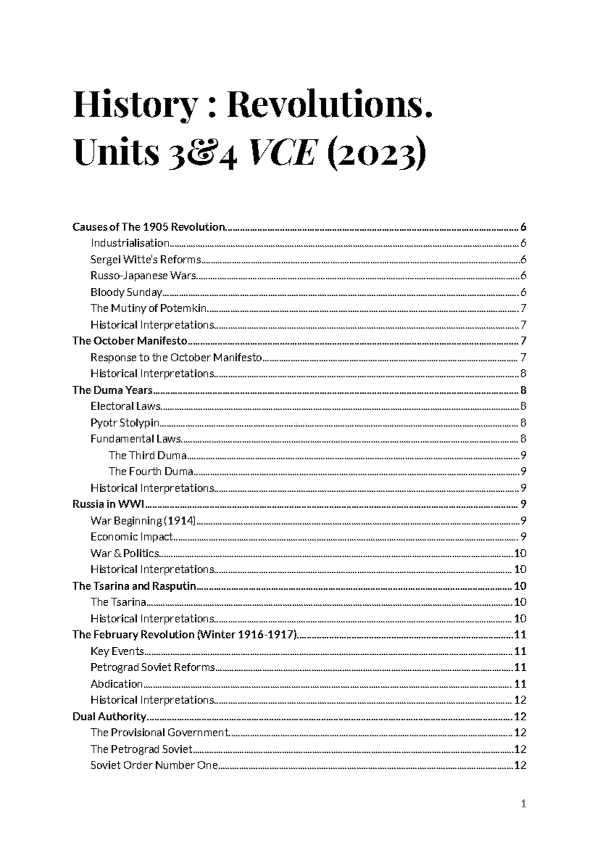 VCE History: Causes and Events of the 1905 Revolution and Beyond - Studocu