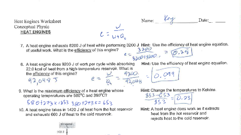 Heat Engines Worksheet Key - Conceptual Physics - Studocu