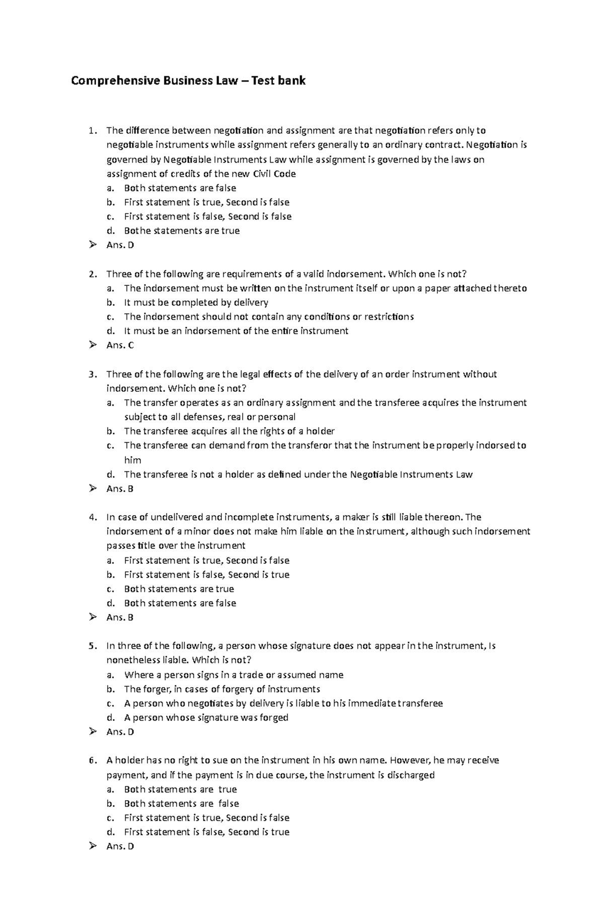 Business Law Test Bank (BL100) - Comprehensive Study Guide - Studocu
