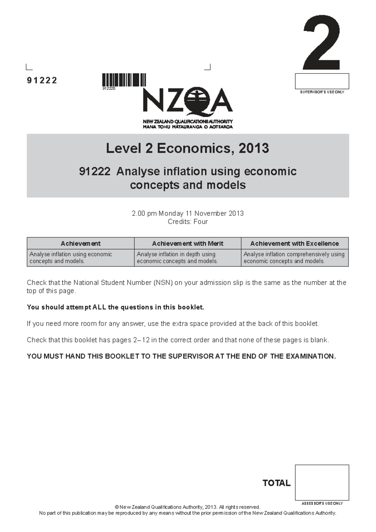 Level 2 Economics 91222: Inflation Analysis Practice Exam 2013 - Studocu