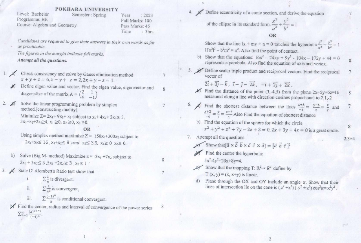 AG-23Spring - Past Year Question Paper on Conics and Linear Algebra ...