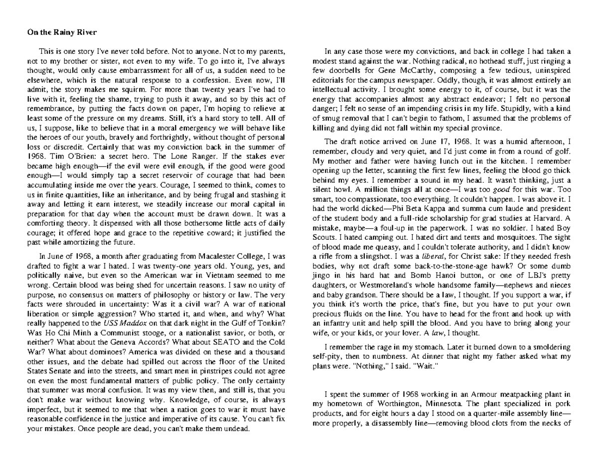 On the Rainy River: Tim O'Brien's Moral Dilemma and the Vietnam Draft ...
