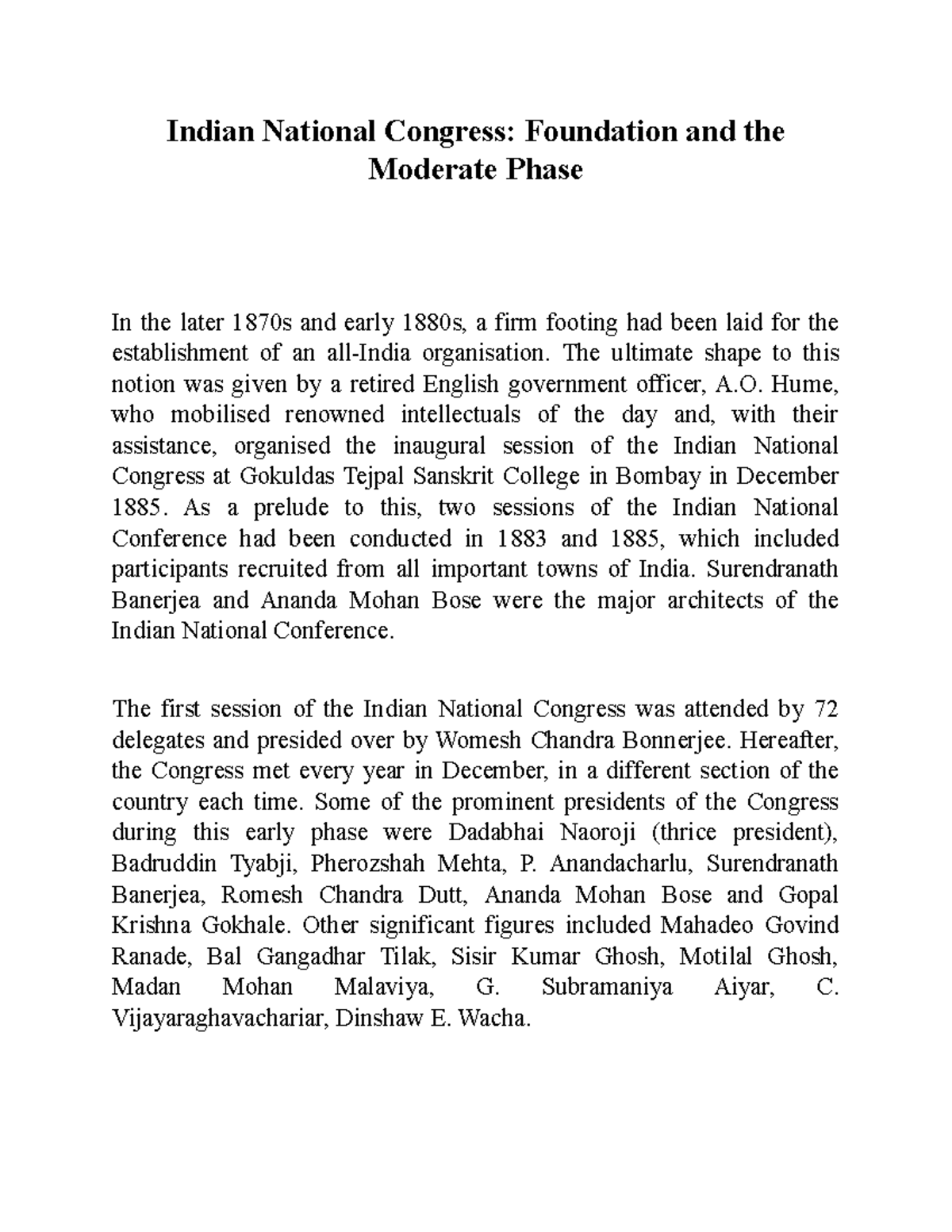 Foundation and Moderate Phase of INC: History and Impact - Studocu