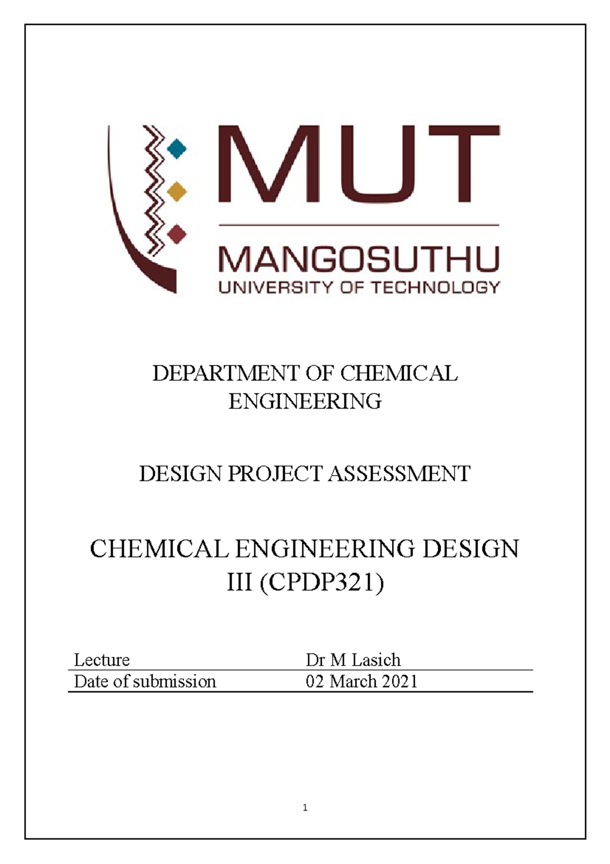 Design Project: Ammonia Plant - Chemical Engineering III (CPDP321 ...