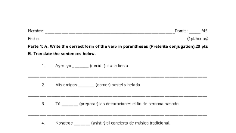 Spanish 1 - U9 Practice Exam: Verb Conjugation & Sentence Translation ...