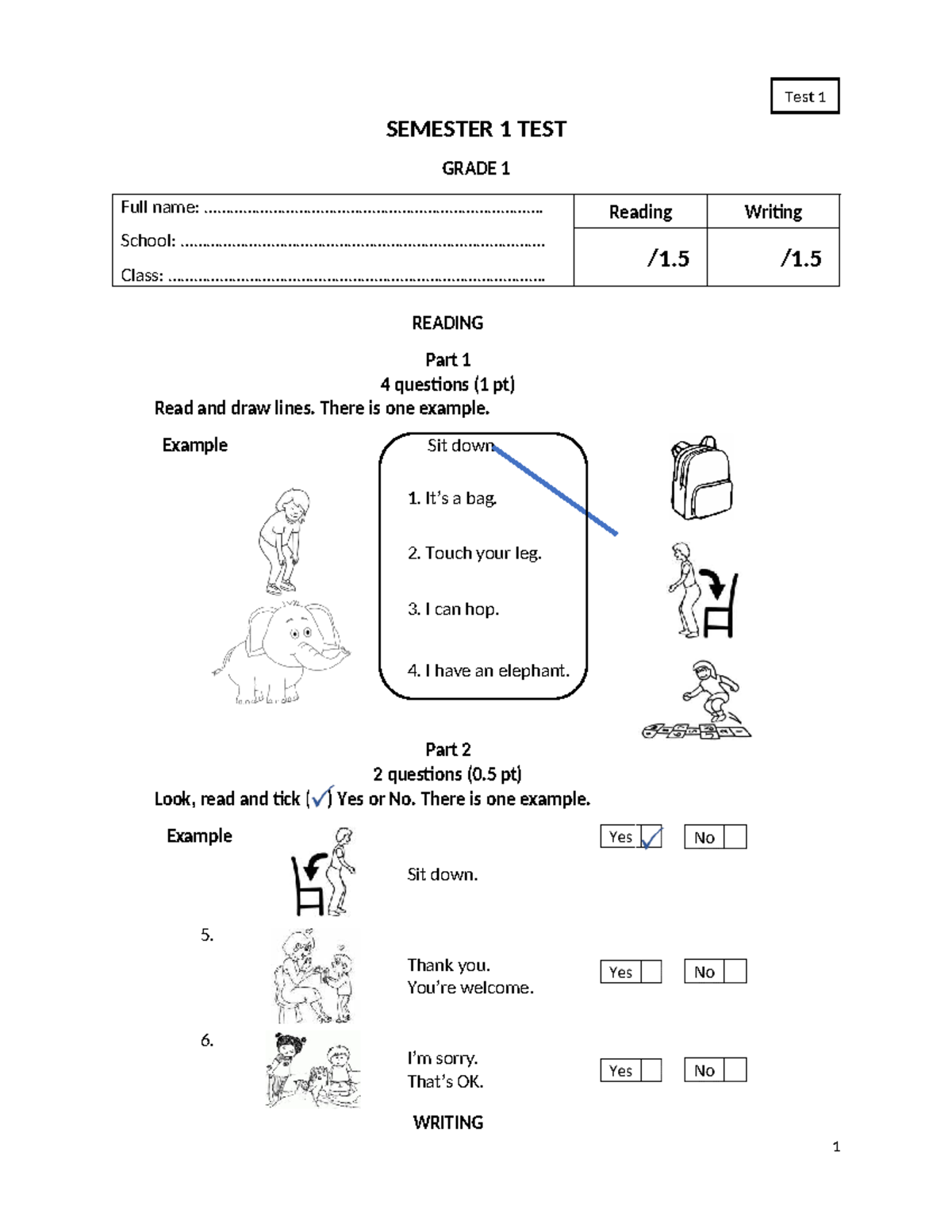 Test 1 SEM 1 Grade 1 Reading & Writing Assessment - Studocu