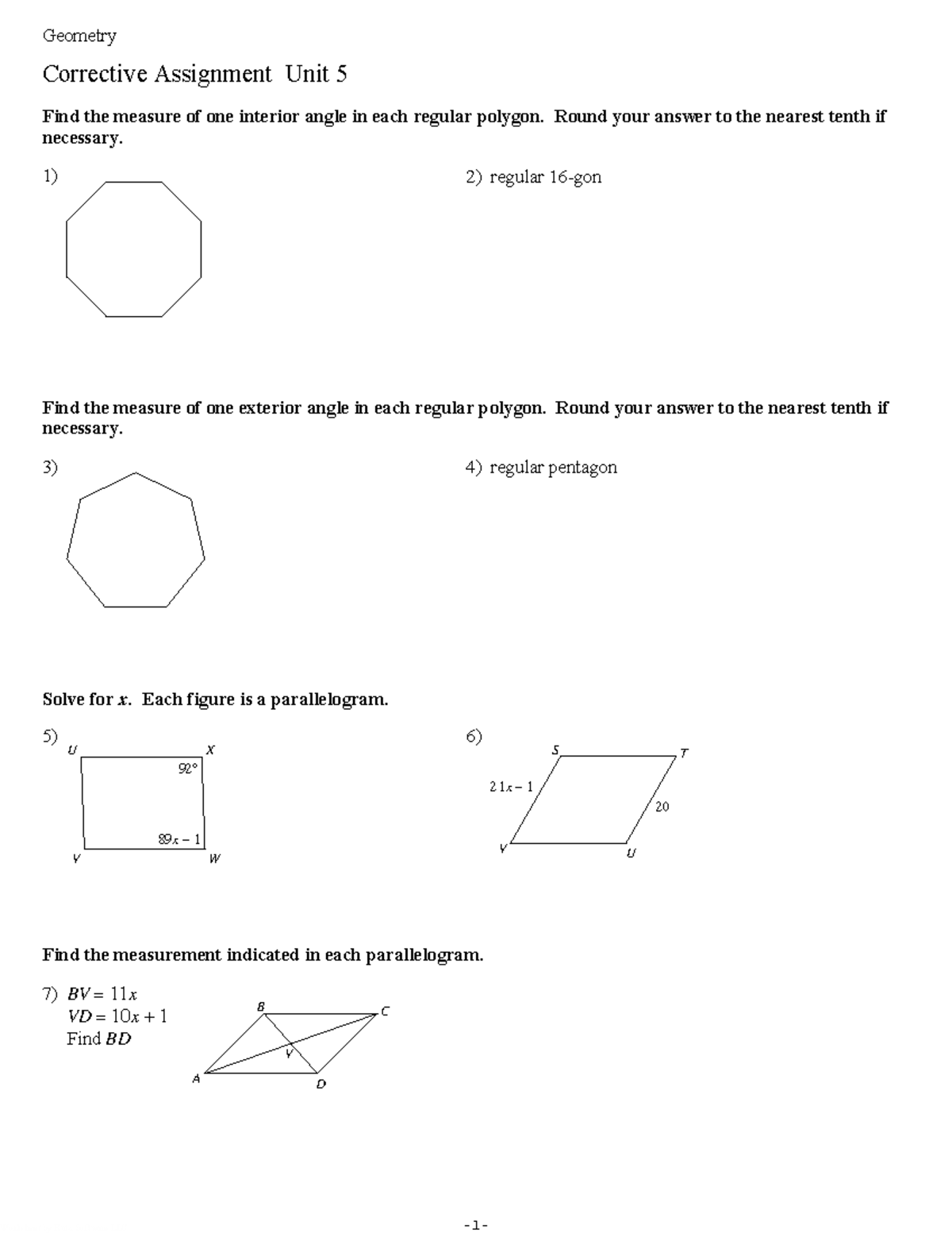 Corrective Assignment: Geometry Unit 5 Worksheet on Polygons and Angles - Worksheet by Kuta ...