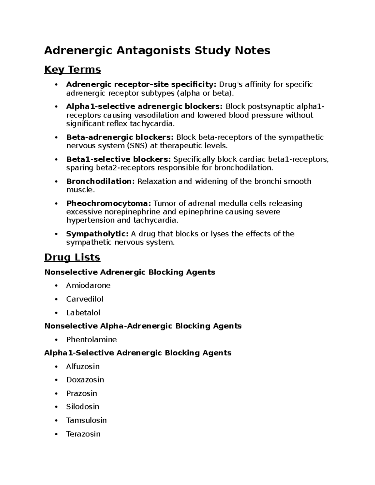 Karch C31 Adrenergic Antagonists Study Notes and Key Terms - Studocu