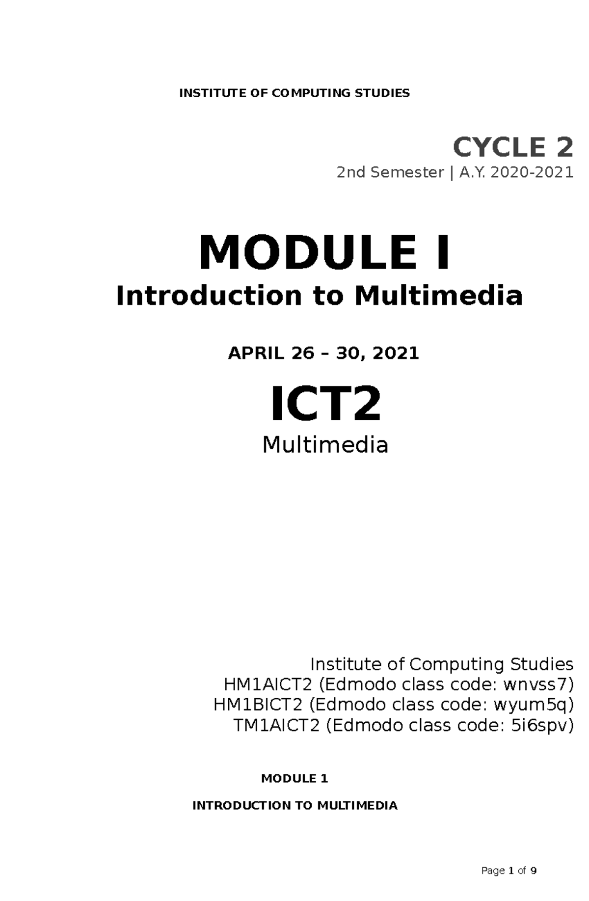 HM1AICT2: Module 1 - Introduction to Multimedia (2nd Semester Study ...