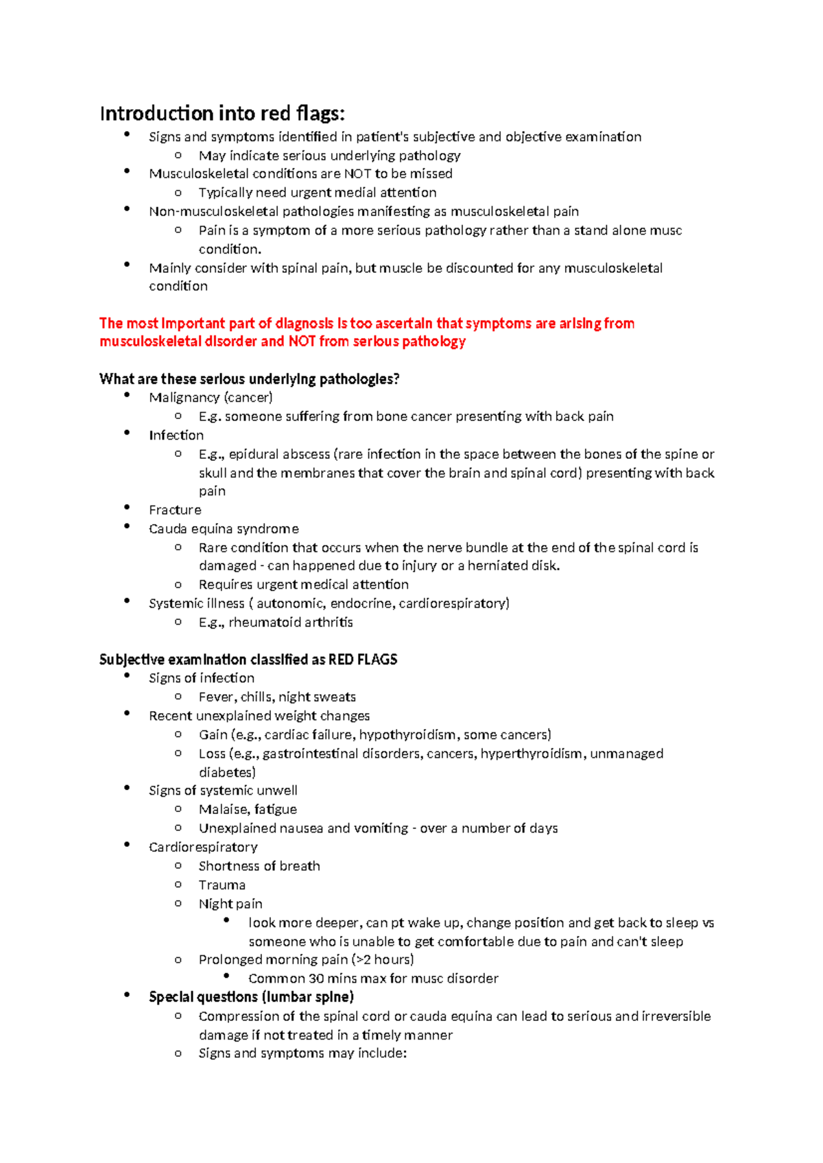 Week 1 Musculoskeletal Lecture: Identifying Red Flags in Pain ...