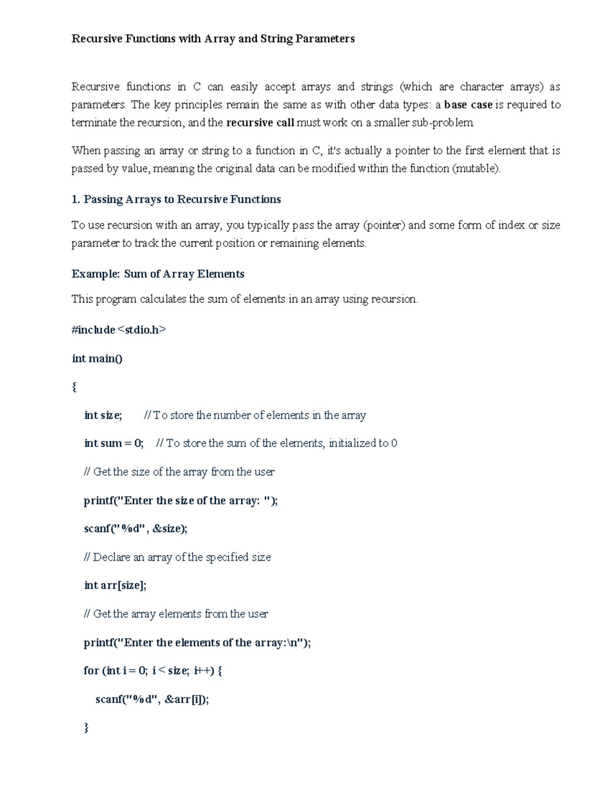 C Programming: Recursive Functions with Arrays & Strings - Studocu