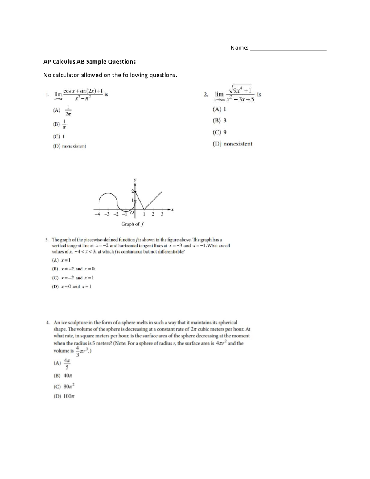 Sample Questions 20-21 - Name: _______________________ AP Calculus AB ...