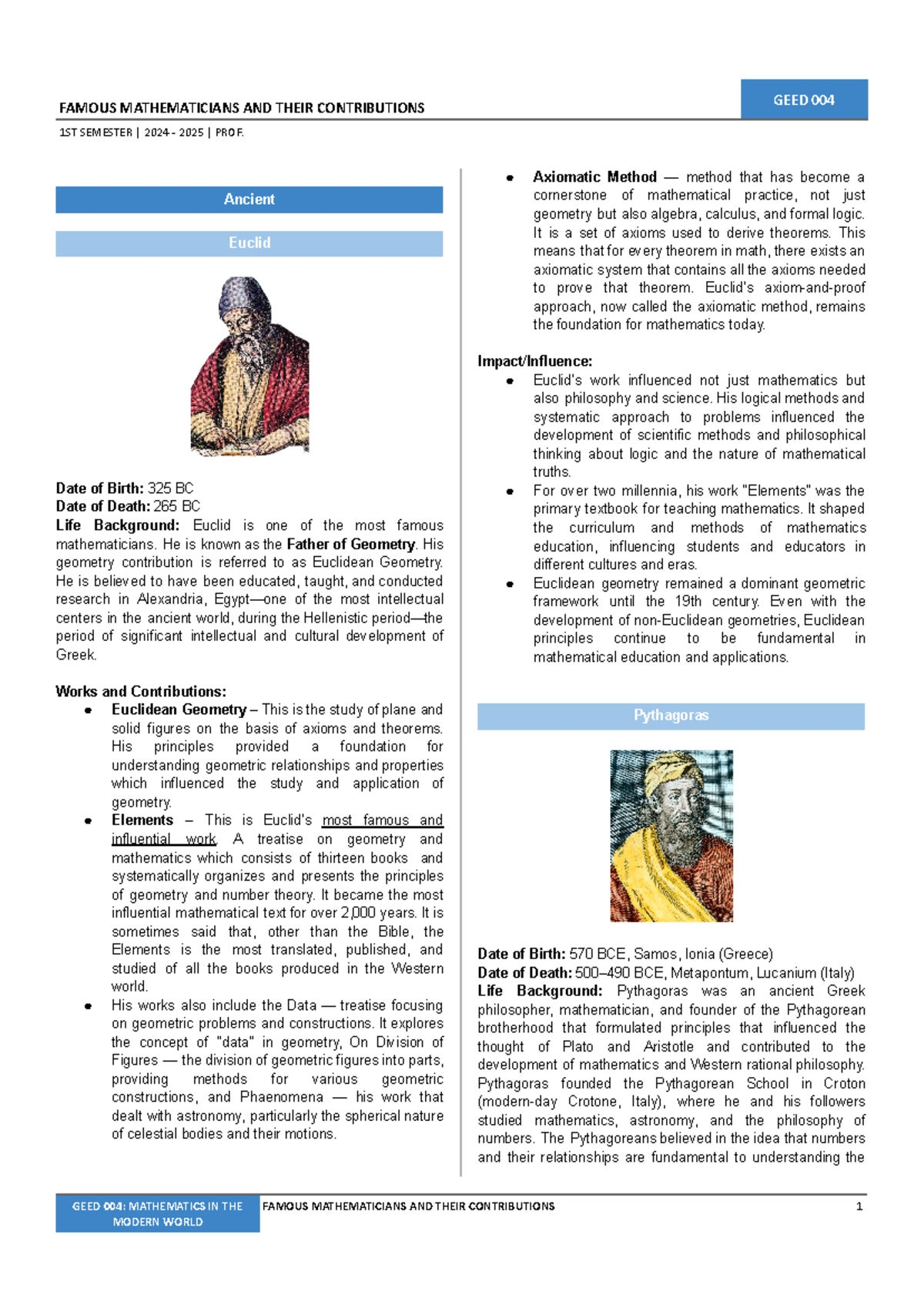 Famous Mathematicians & Their Contributions (GEED 004) - Group 4 BSOA 1 ...
