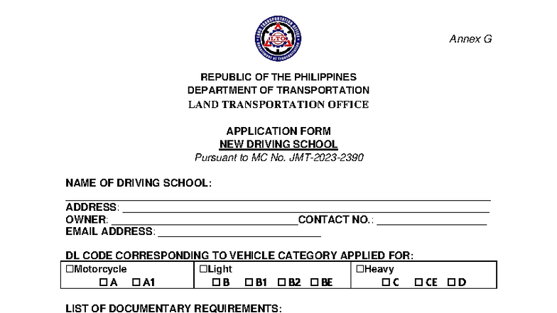 Annex G - Application Form for New Driving School (DS) - Studocu