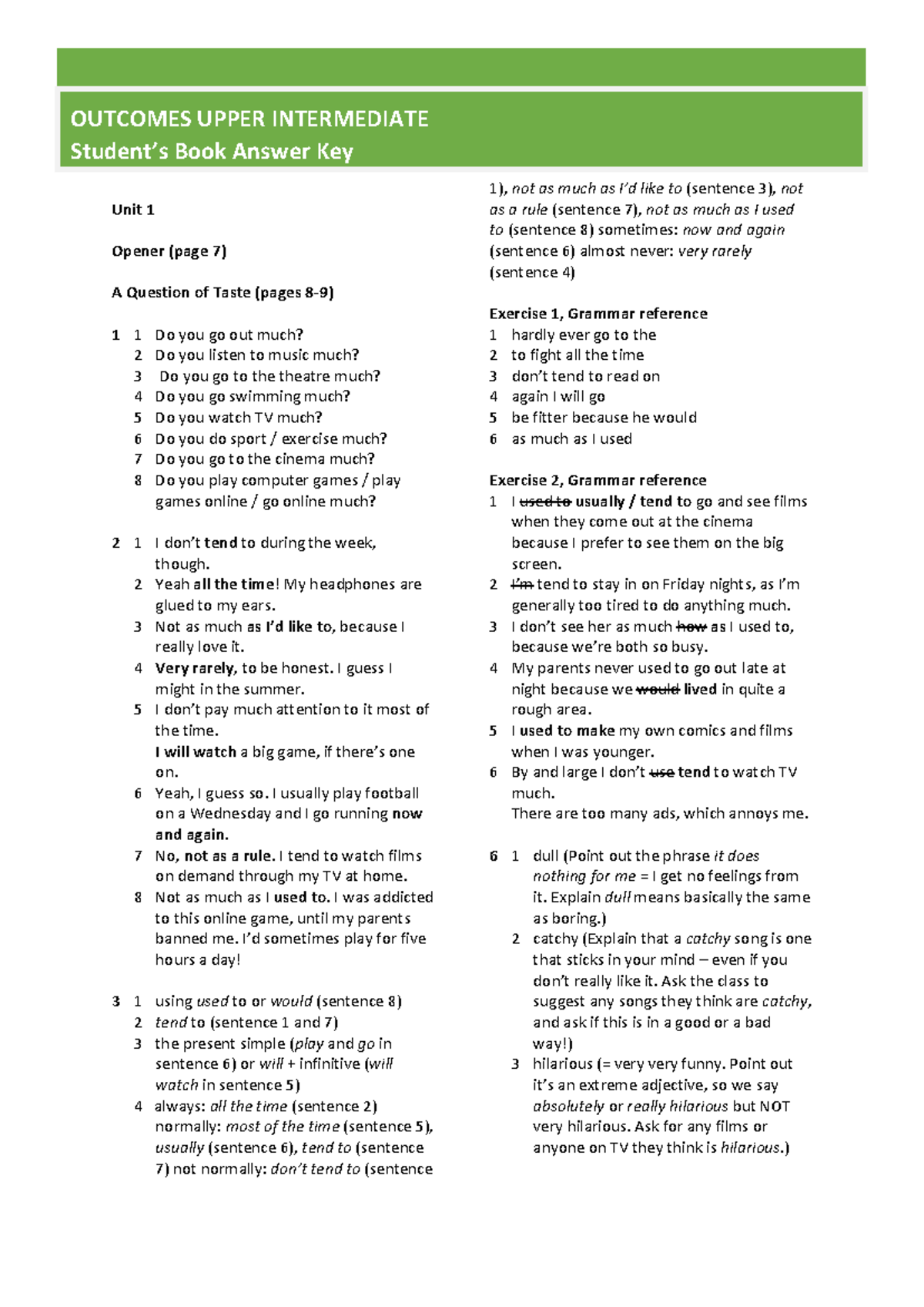 Outcomes Upper Intermediate Answer Key - Unit Exercises and Grammar ...
