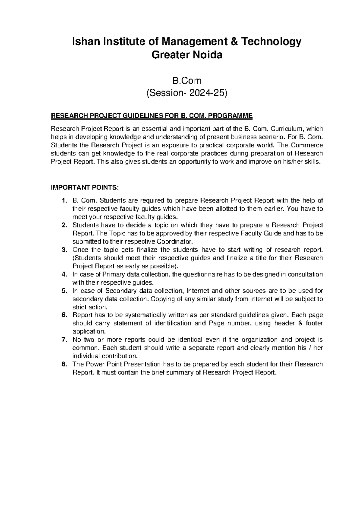 B.Com Research Project Guidelines - Ishan Institute of Management - Studocu