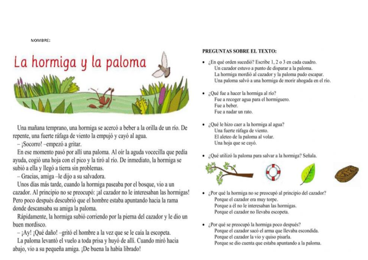 MAMA: Preguntas sobre "La Hormiga y la Paloma" - Actividad 1 - Studocu