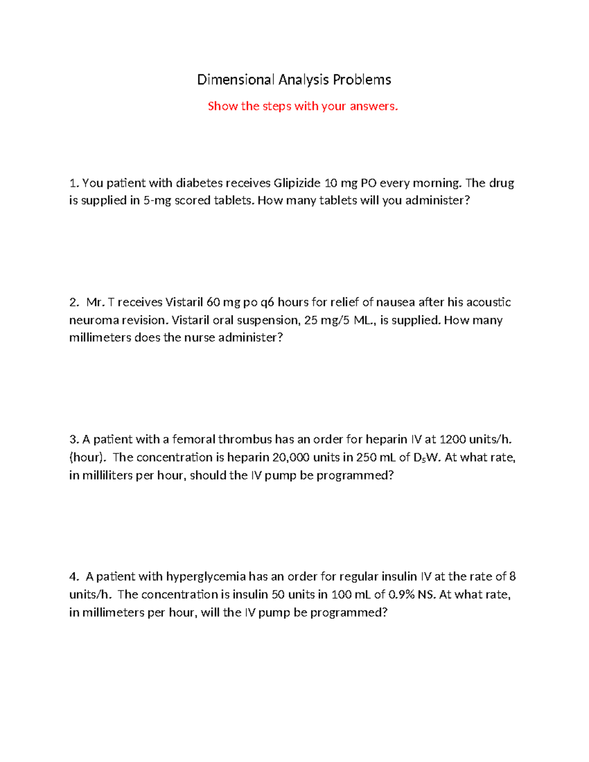 Dimensional Analysis Problems: Med Dosage Calculations V2 - Studocu
