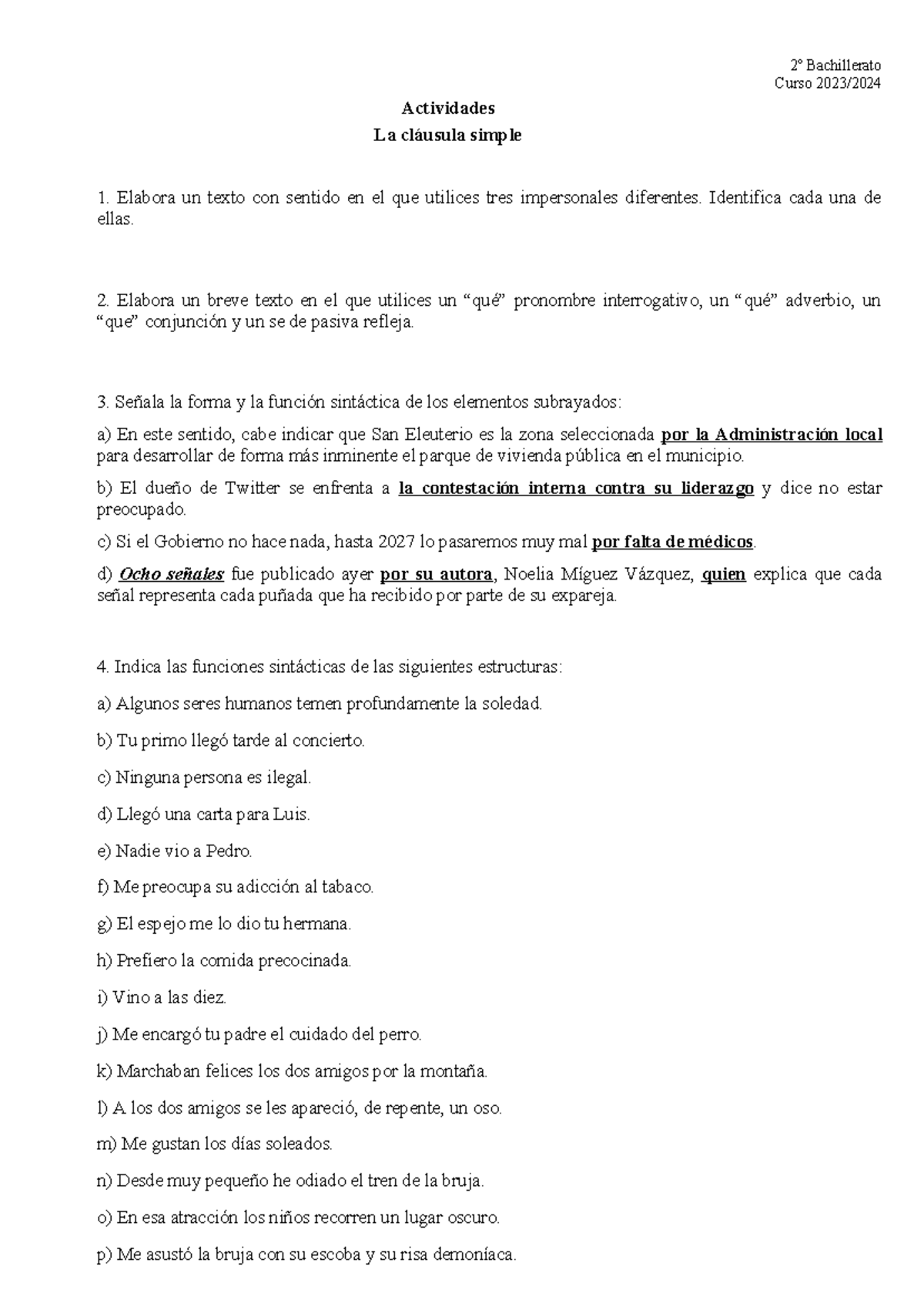 Actividades sobre la cláusula simple - Curso 2023 - Studocu