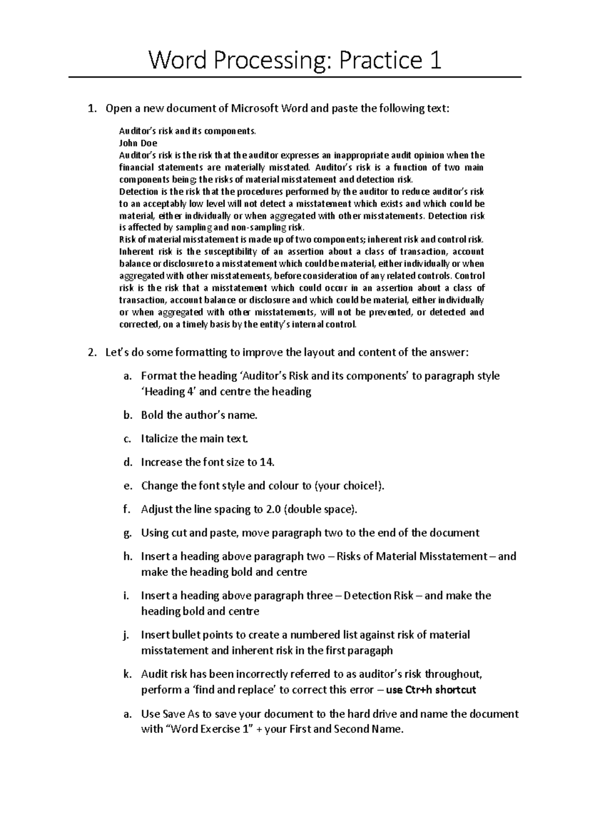 Word Processing: Practice 1 - Understanding Audit Risk Components - Studocu