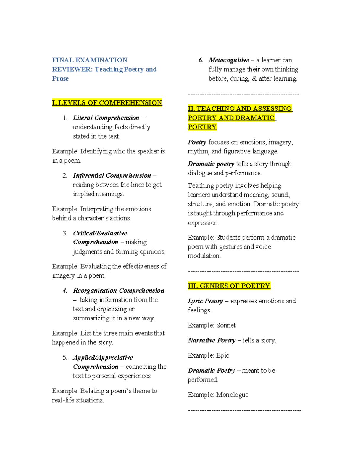 FINAL EXAM REVIEWER: Teaching Poetry and Prose 6 Insights - Studocu
