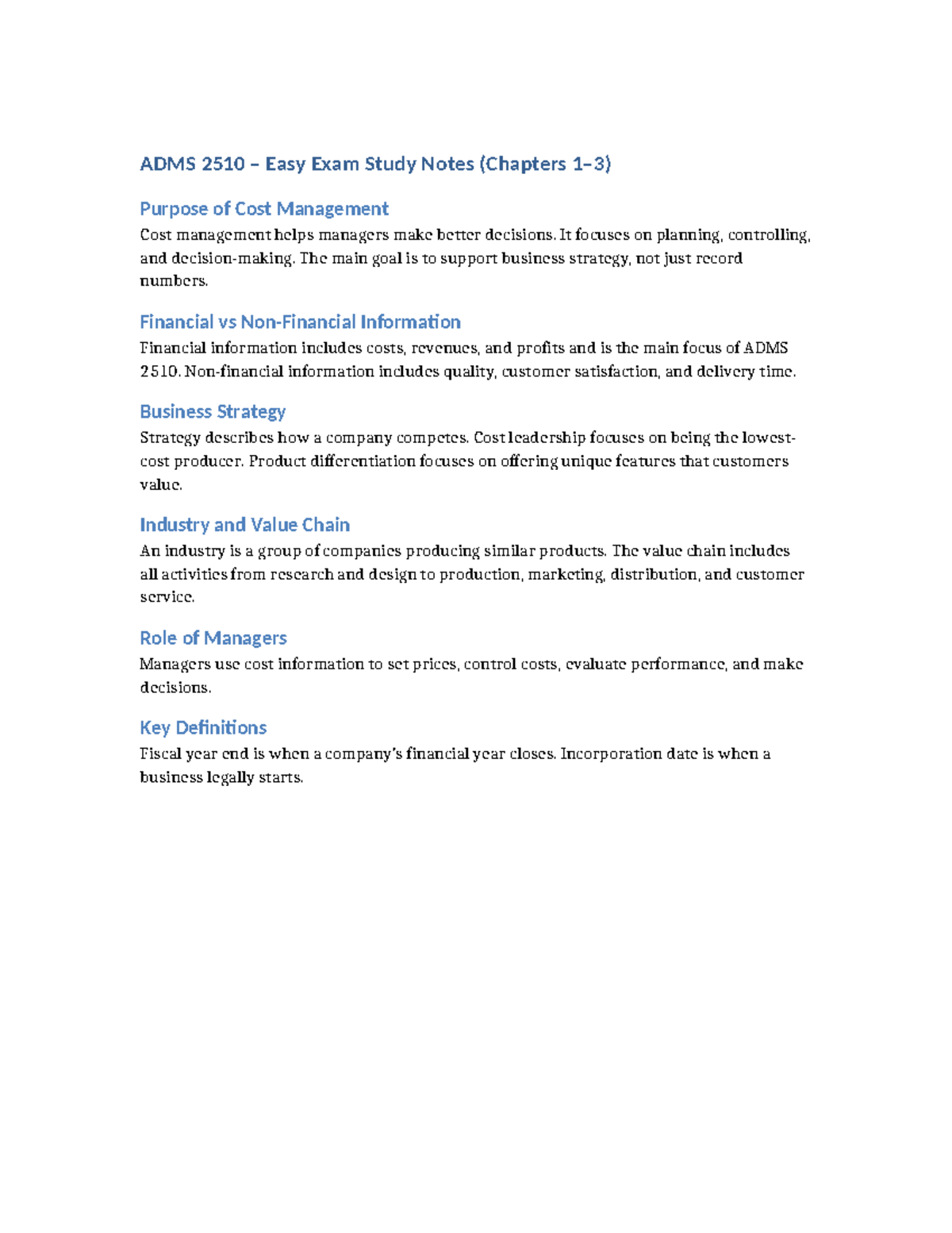 ADMS 2510 Exam Study Notes: Cost Management & Business Strategy - Studocu