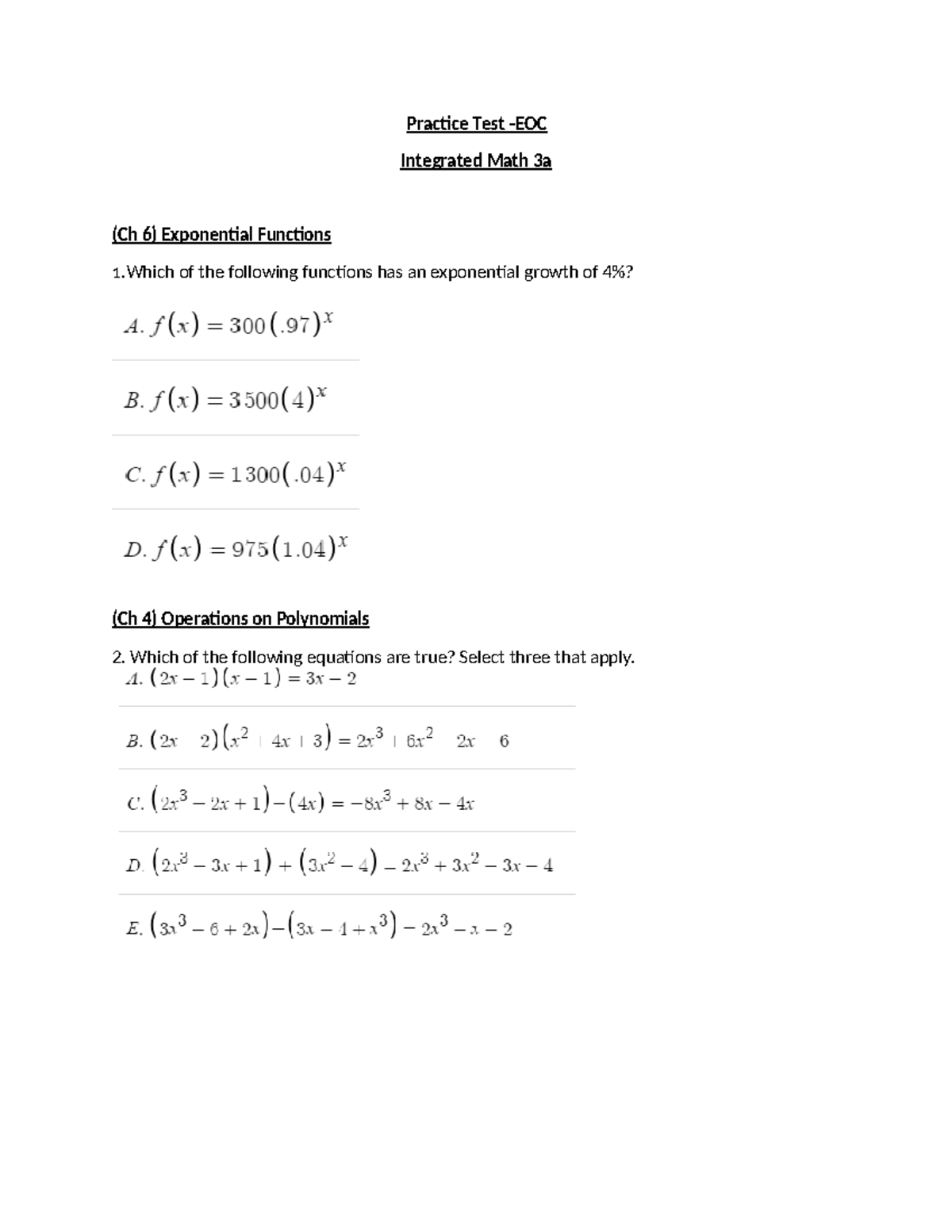 Integrated Math 3a Practice Test: Exponential & Polynomial Functions ...