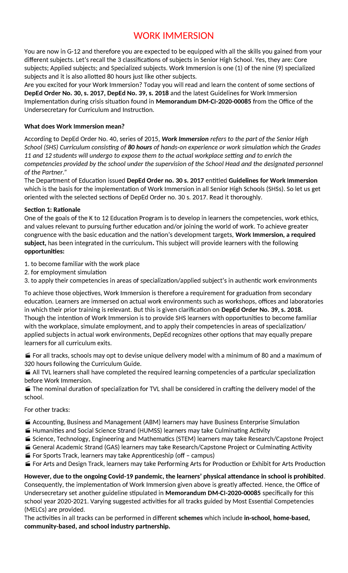 SHS Work Immersion Guidelines: Understanding DepEd Orders & Activities ...