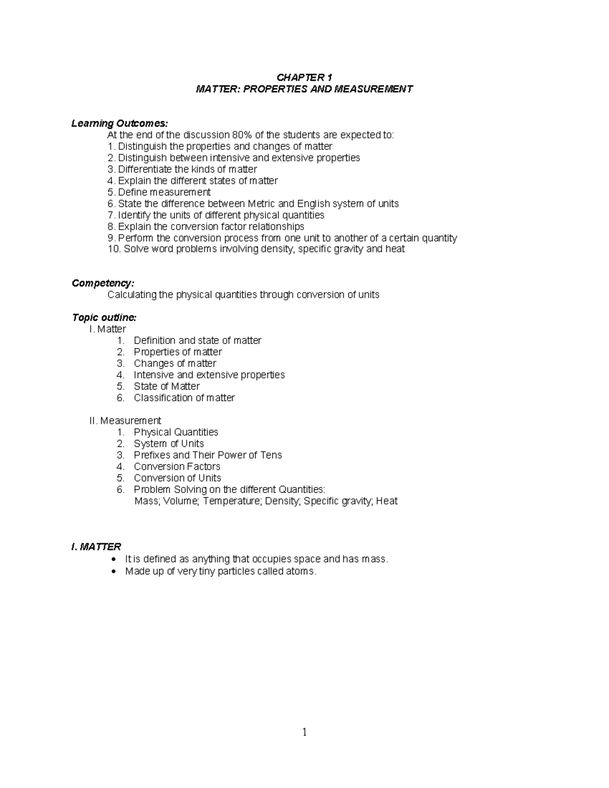 Chapter 1: Matter and Measurements Overview for Chemistry 101 - Studocu