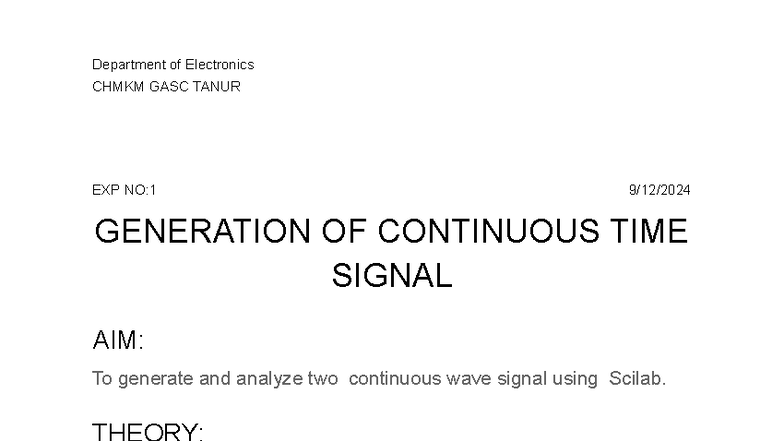 Generation of Continuous & Discrete Time Signals - CHMKM DSP Lab - Studocu