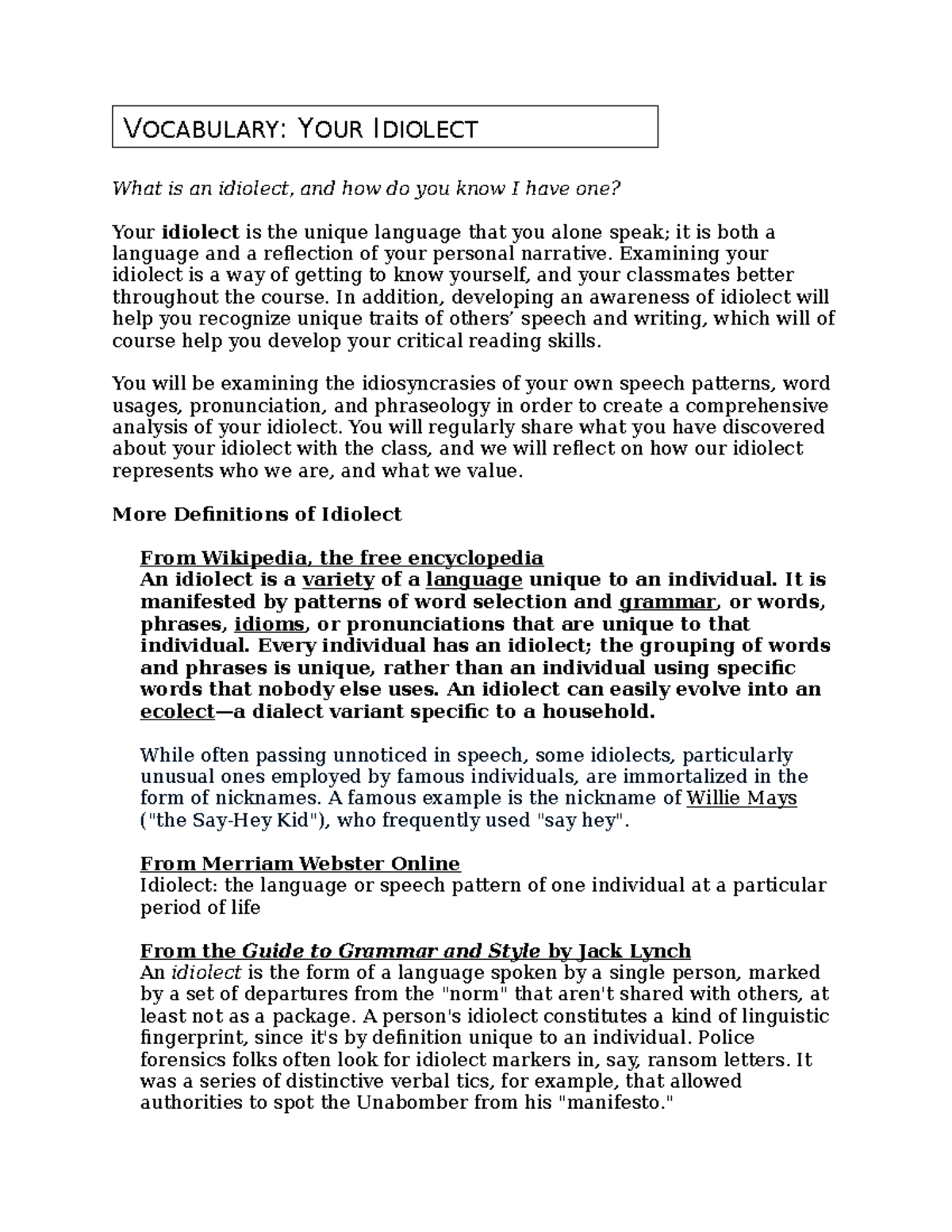 Idiolect Analysis - Assessment 5 Guidelines and Definitions - Studocu