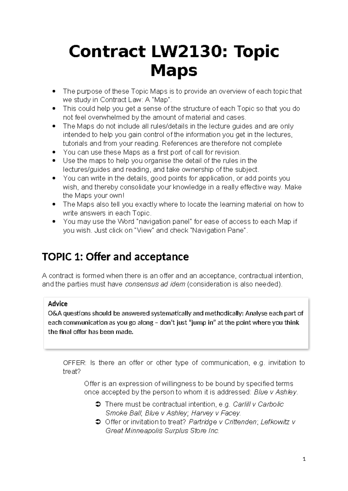 LW2130 Contract Law: Comprehensive Topic Maps for Revision - Studocu
