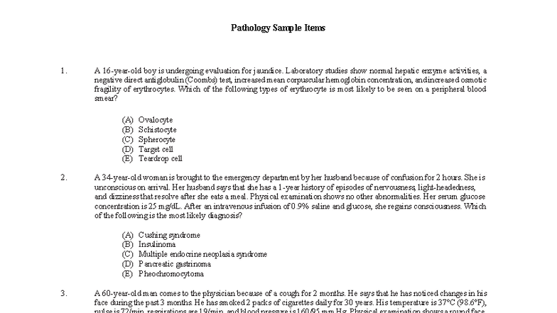 Pathology Sample Items for Review and Practice - Studocu