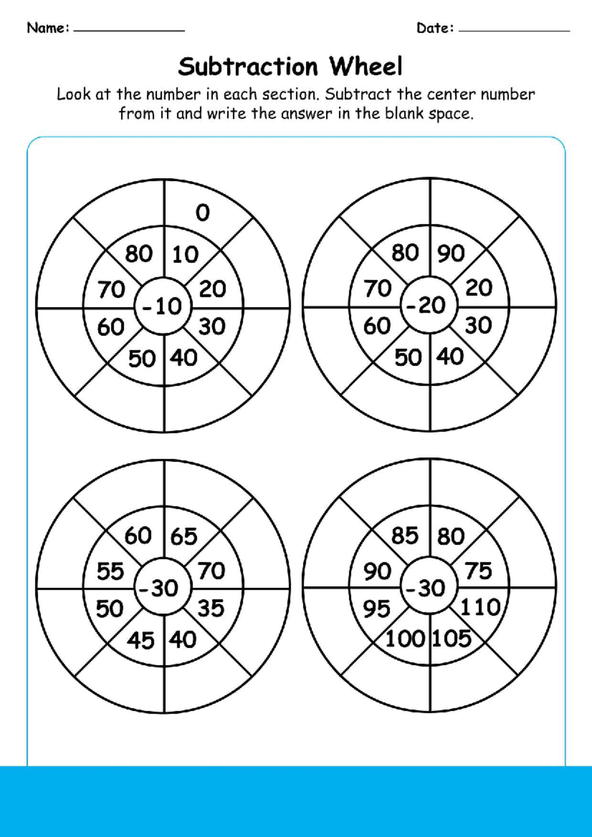 Subtraction Wheel - 1st Grade Worksheet - Name: Date: Subtraction Wheel ...