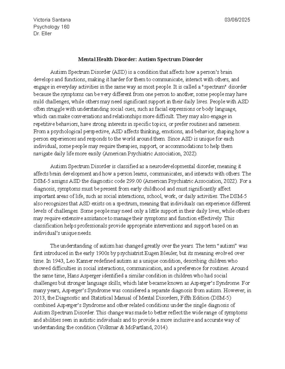 Psychology 160 Final Paper: Understanding Autism Spectrum Disorder ...
