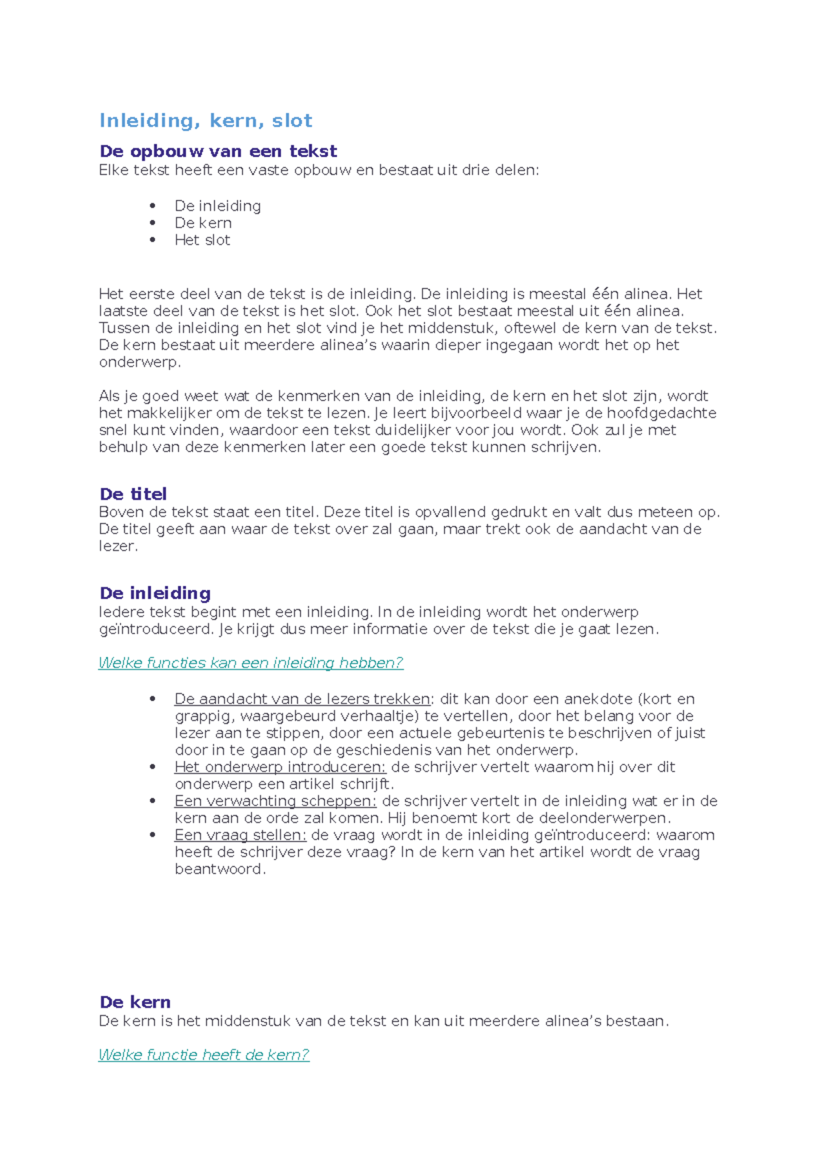 Lezen: Inleiding, Kern en Slot van een Tekst - Studeersnel