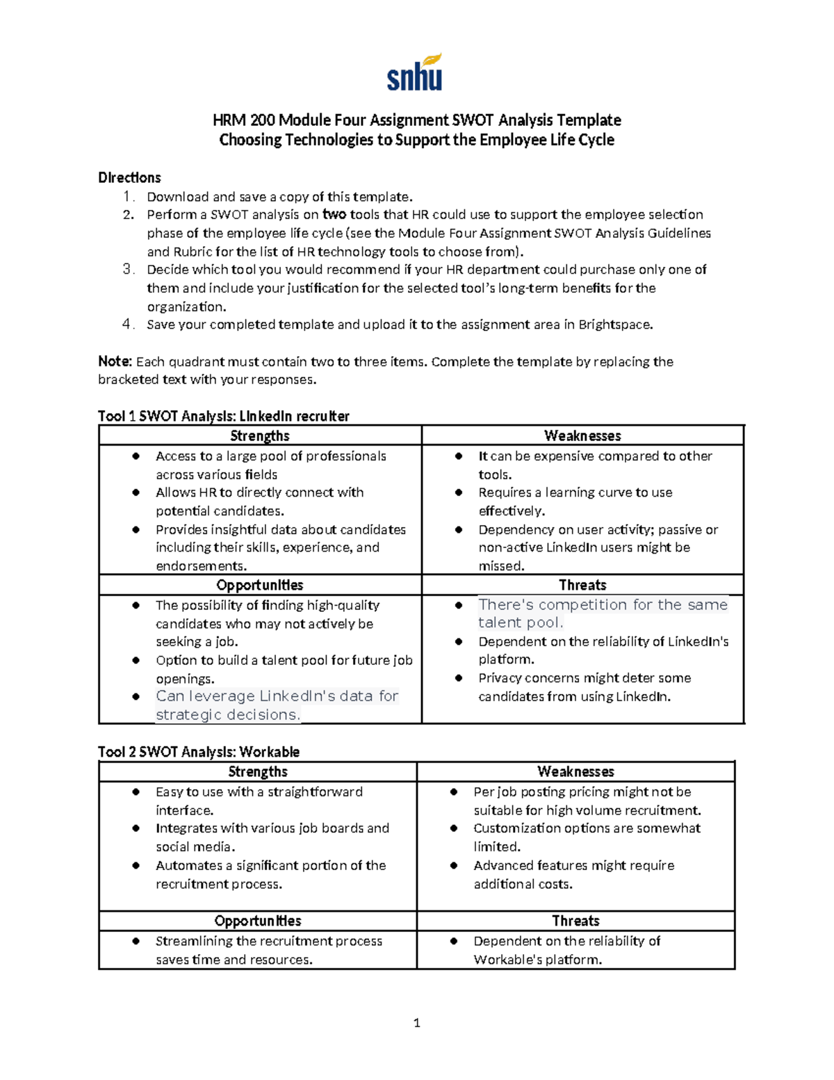 HRM 200 Module Four SWOT Analysis for Employee Selection Tools - Studocu
