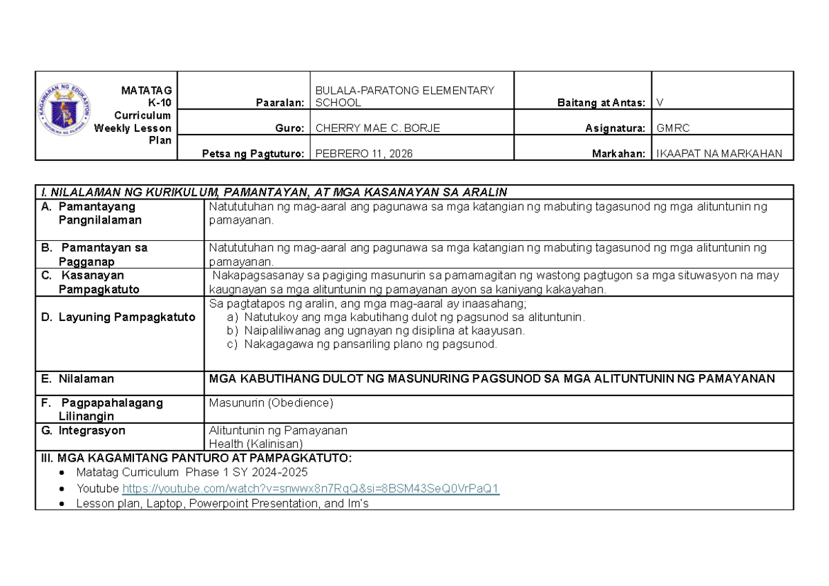 GMRC-33: Weekly Lesson Plan on Obedience in Community Rules - Studocu
