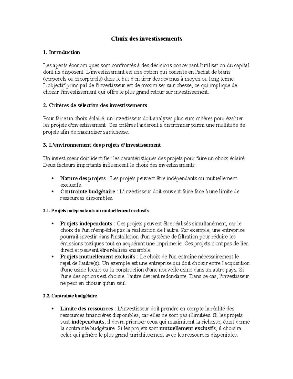 Cours 7 : Choix des Investissements et Critères de Sélection - Studocu