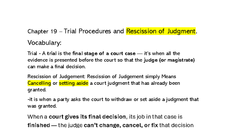 Chapter 19: Trial Procedures & Rescission of Judgment (CIV Exam) - Studocu