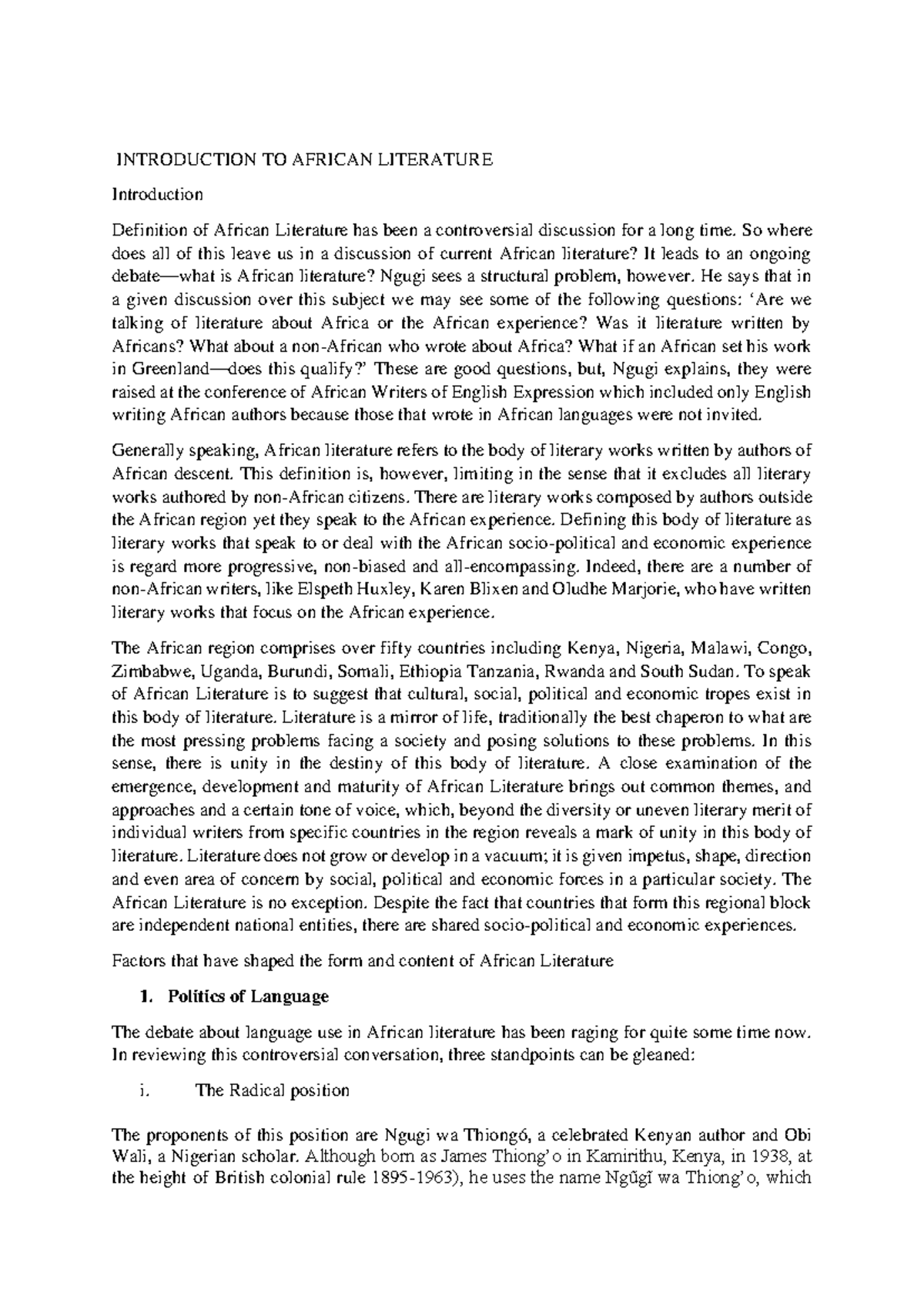 Notes on Introduction to African Literature (ENG 101) - Studocu