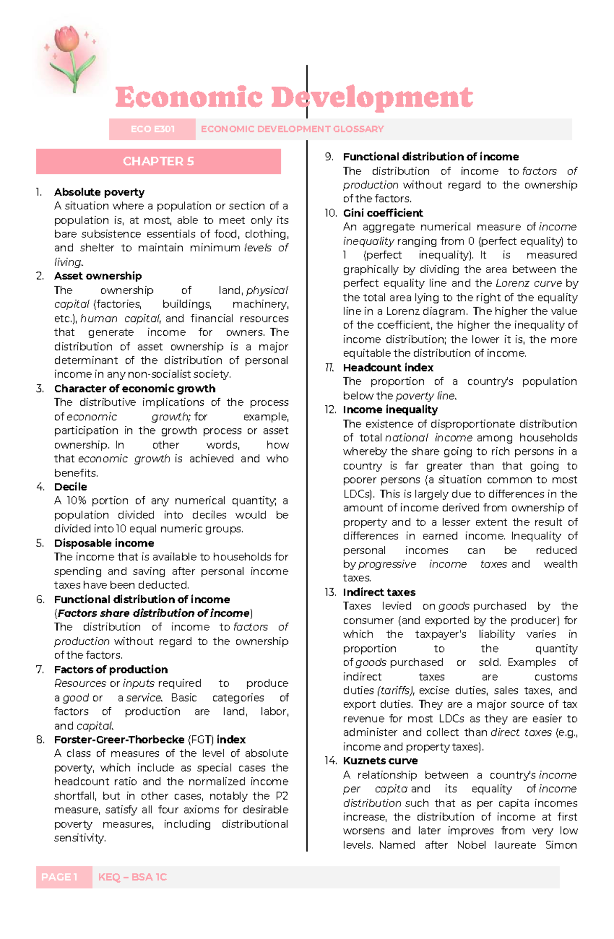 Economic Development ECO E301 Glossary: Chapters 5 to 10 Insights - Studocu