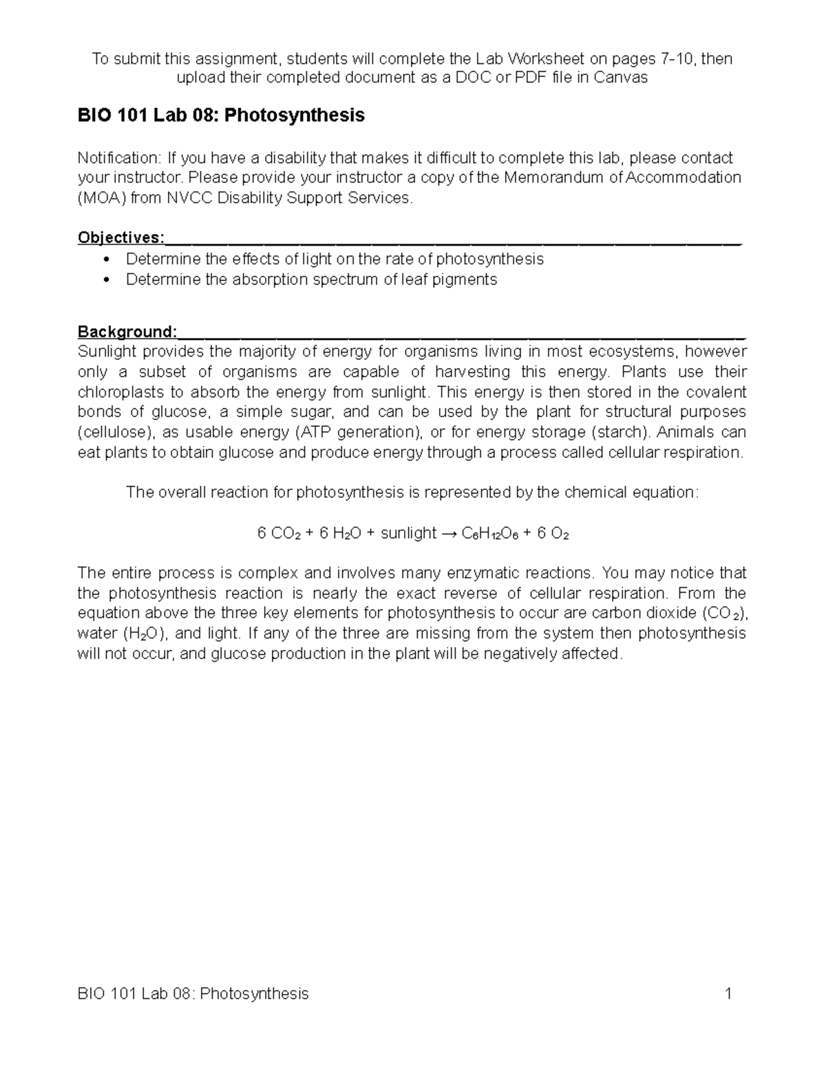 BIO 101 Lab 08, Photosynthesis CF - upload their completed document as ...