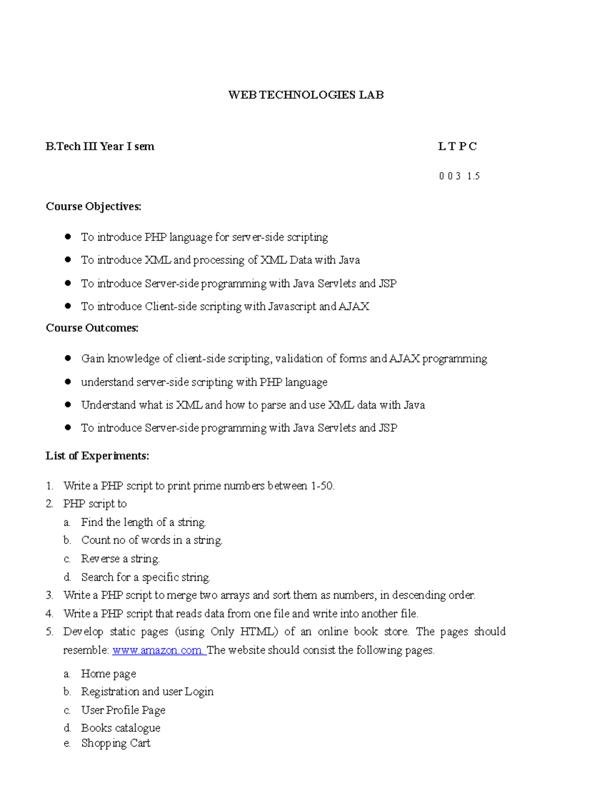 Web Technologies Lab Manual Web Technologies Lab B Iii Year I Sem L T P C 0 0 3 1 Course