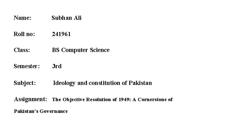 Assignment 1: The Objective Resolution of 1949 in Pakistan's Governance ...