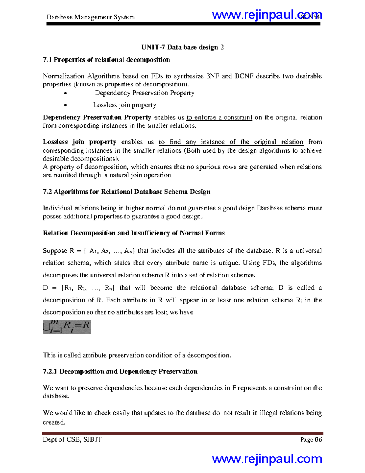 Properties of Relational Decomposition in DBMS 10CS - Unit 7 Notes ...
