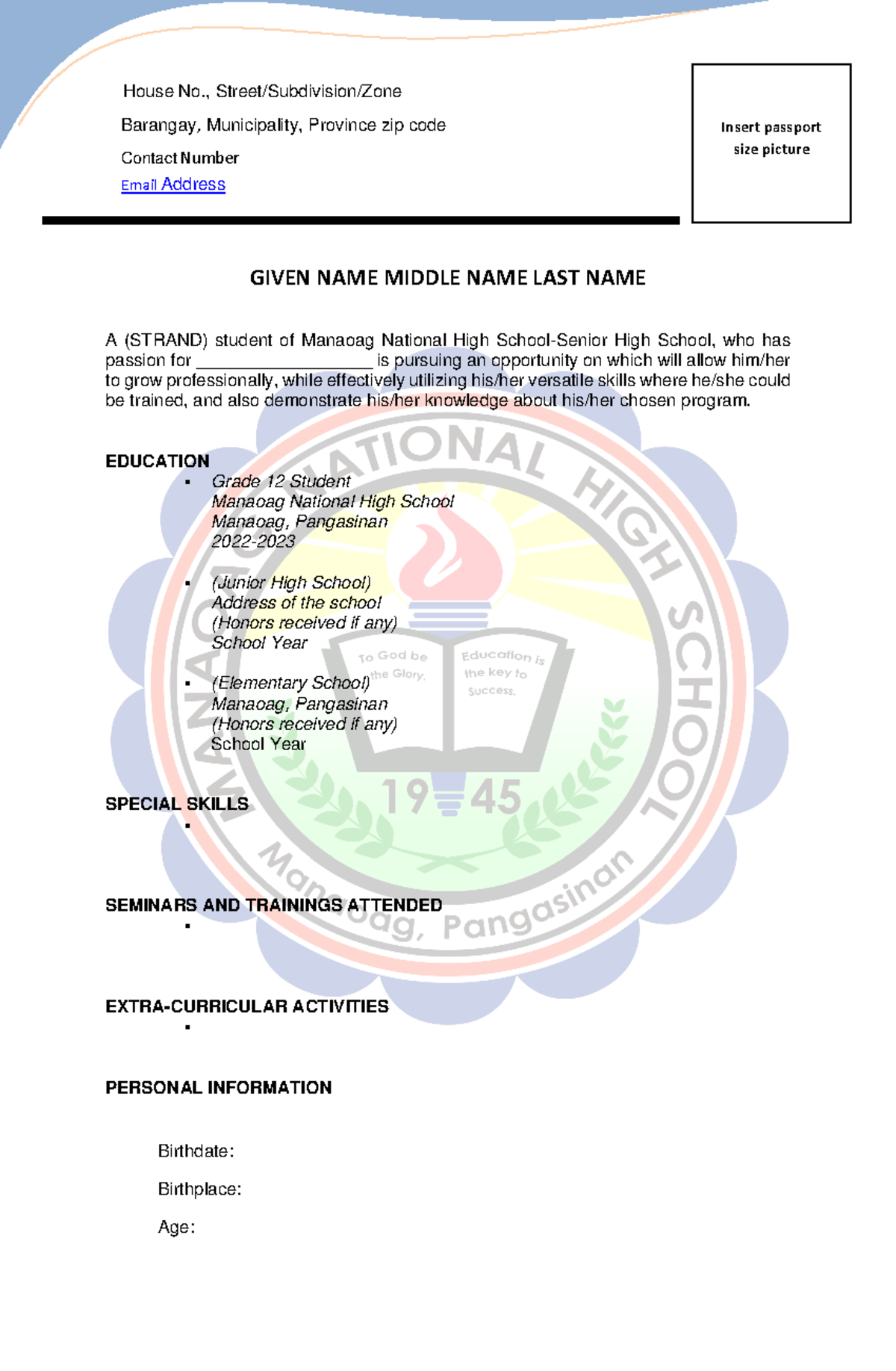 Standardized Resume Template for SHS Students (MNHS-SHS) - Studocu
