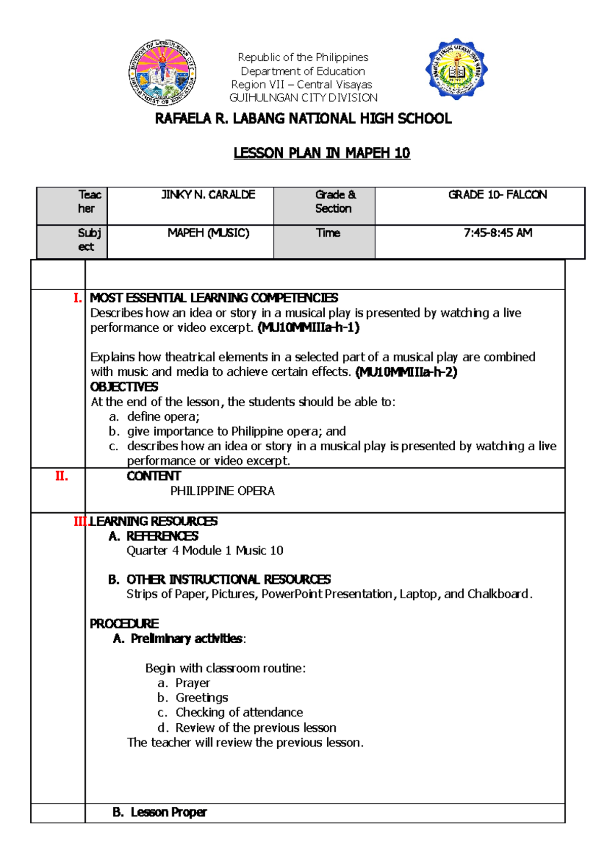 MAPEH 10 - Lesson Plan on Philippine Opera and Theatrical Elements ...
