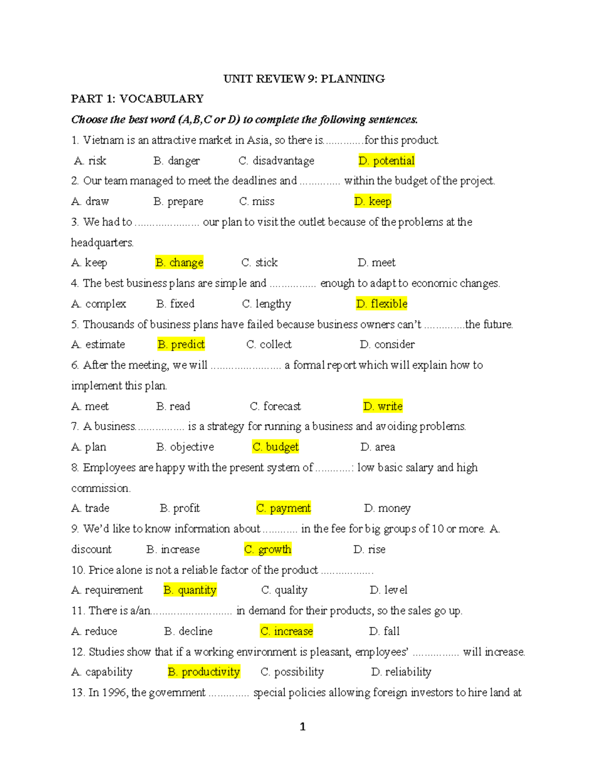 UNIT REVIEW 9: PLANNING VOCABULARY & GRAMMAR EXERCISES - Studocu